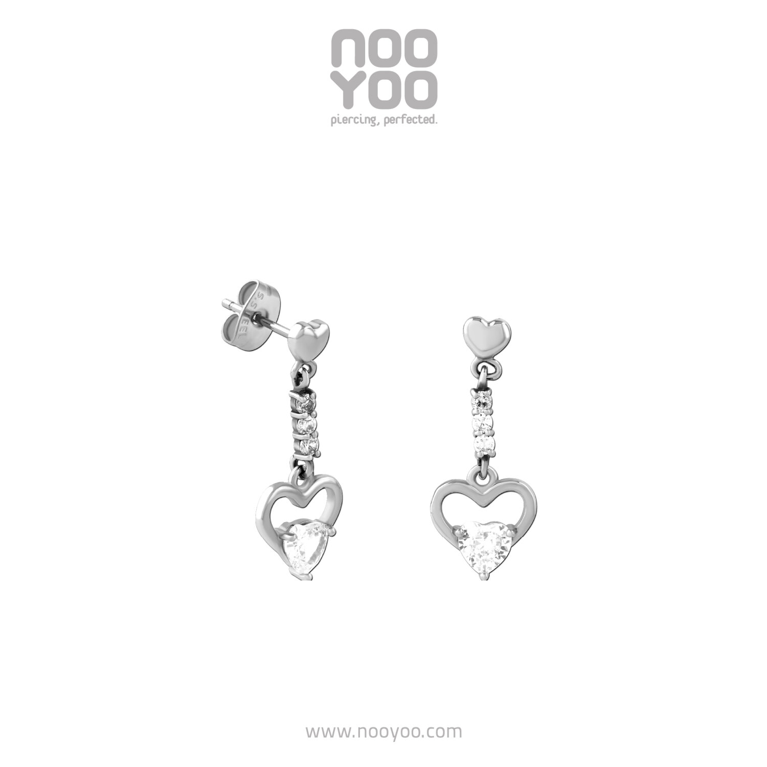 (31520) ต่างหู Heart Drop with Crystal Surgical Steel - NooYoo
