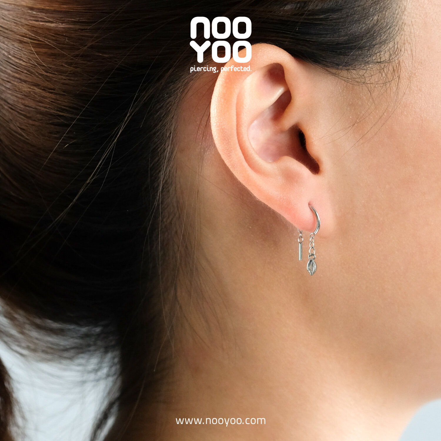 (31229) ต่างหู Half Hoop Ring with Dangling Crystal Surgical Steel - NooYoo