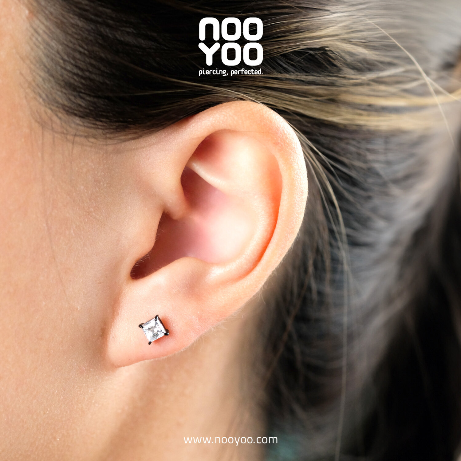 (31315) ต่างหู Black PVD Princess Cut 4 mm CZ Surgical Steel - NooYoo