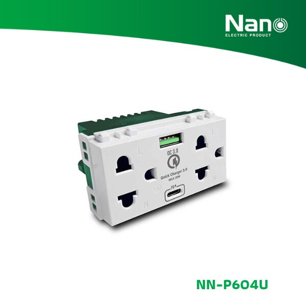 NANO เต้ารับคู่มีกราวน์ + ม่านนิรภัย + USB Type A + Type C Classic ...