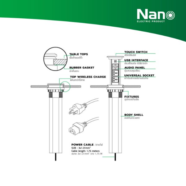 NANO เต้ารับฝังโต๊ะ 2 เต้ารับ + USB 2 ช่อง + ลำโพงบลูทูธ + ชาร์จไร้สาย สีดำ (1 ชิ้น/กล่อง) รุ่น ...