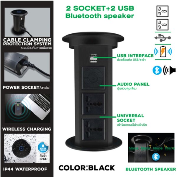 NANO เต้ารับฝังโต๊ะ 2 เต้ารับ + USB 2 ช่อง + ลำโพงบลูทูธ + ชาร์จไร้สาย สีดำ (1 ชิ้น/กล่อง) รุ่น ...