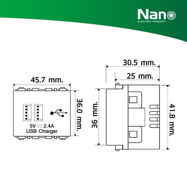 NANO เต้ารับชาร์จ USB 2.4A 5V ขนาด 2 ช่อง Classic series สีขาว (1 ชิ้น/กล่อง, 20 ชิ้น/กล่อง ...