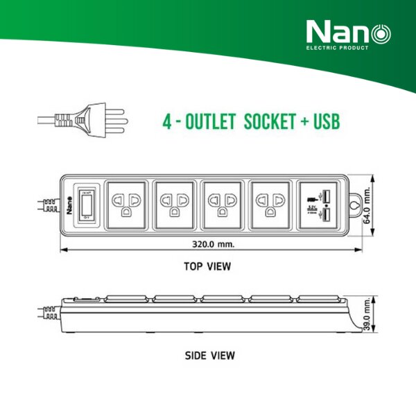 NANO ปลั๊กพ่วง 4 เต้ารับ + USB 2.1A 5V + 1 สวิตช์ 16A Nano Lite (สายยาว 5M) (1 ชิ้น/กล่อง) รุ่น ...