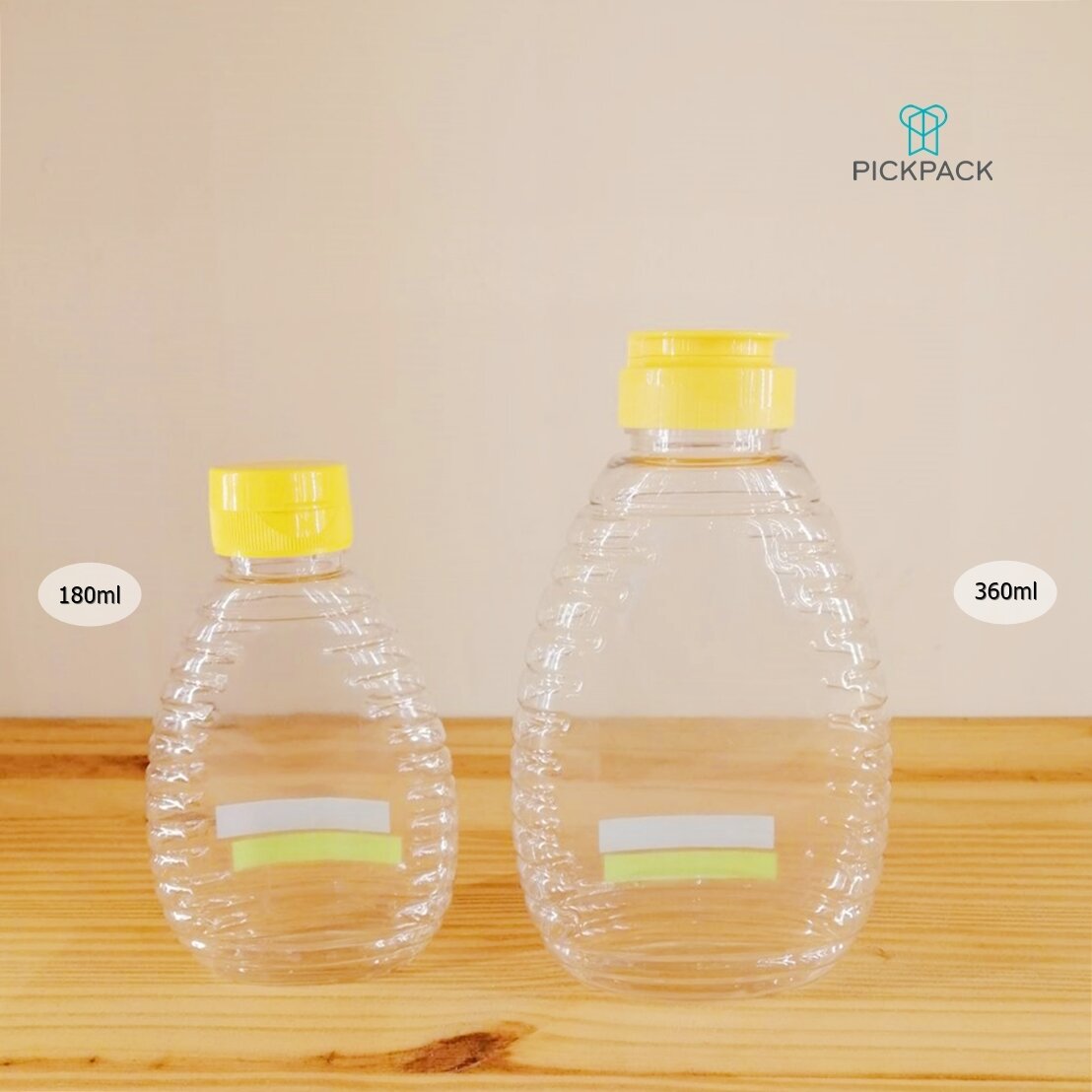 (BPT-0090:2305) ขวด PET แบนน้ำผึ้งขอบเกลียวข้าง 180ml + ฝาป๊อกแป๊กเหลือง (Plastic bottle+cap ...