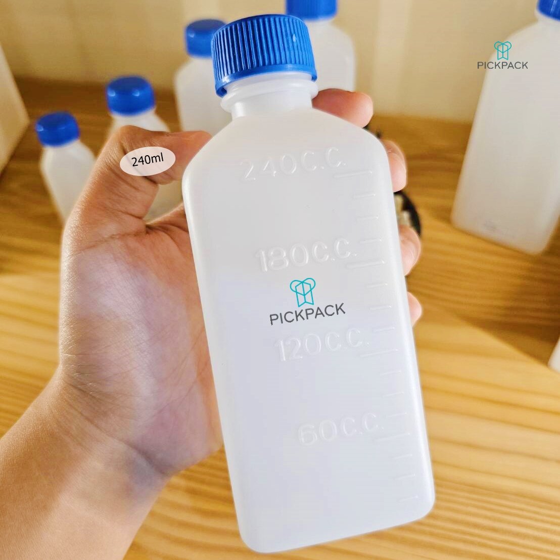(BML-0003:42) ขวดแบนยาน้ำ 240ml สีฟ้า (Plastic bottle/Blue cap ...