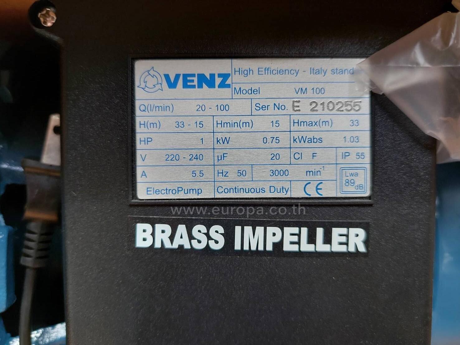 VENZ VM100 1.0 HP 220V. ปั๊มหอยโข่ง (ใบพัดทองเหลือง) 1 x 1 นิ้ว 1.0 ...