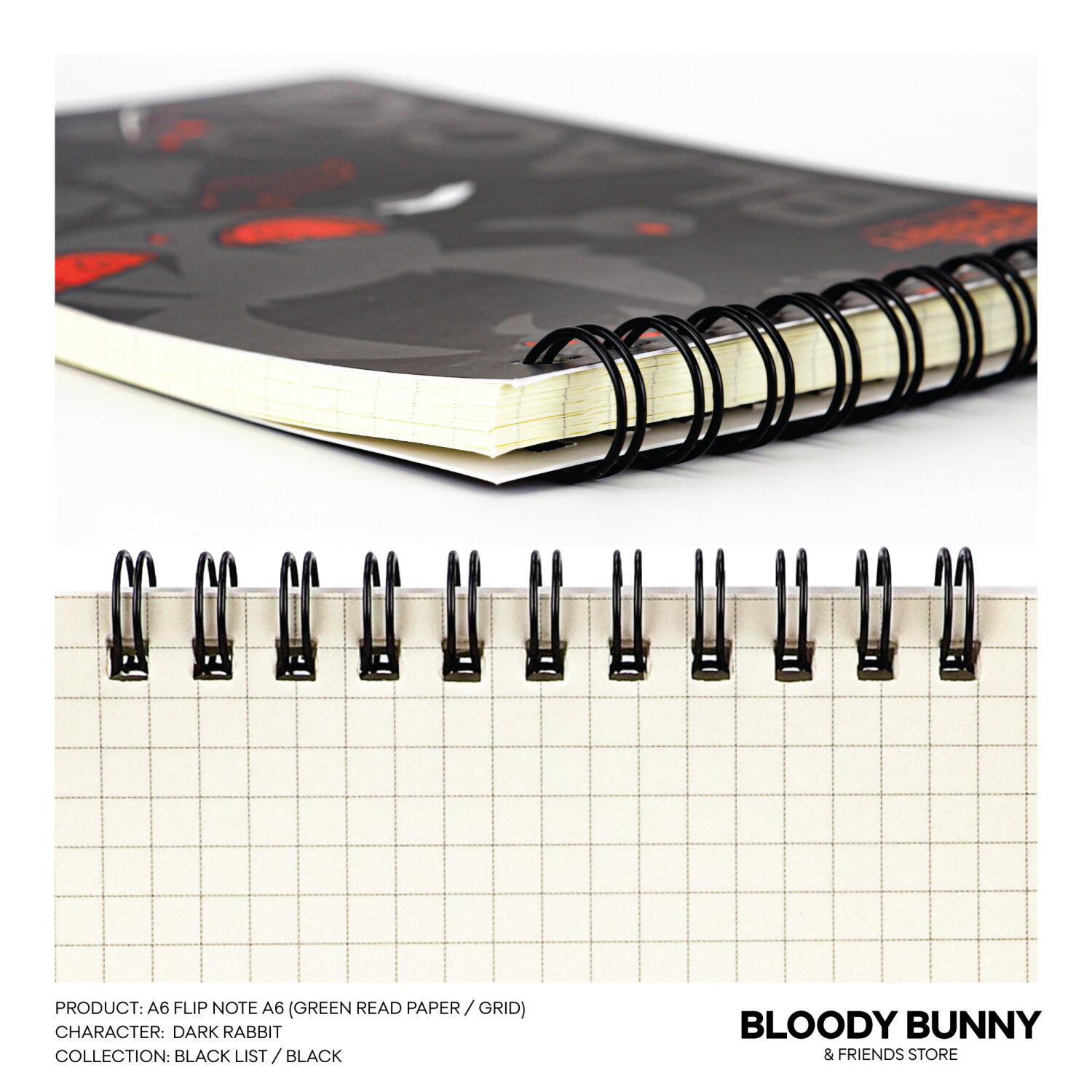 DARK RABBIT FLIP NOTE A6 (BLACK LIST / BLACK) - BLOODY BUNNY STORE