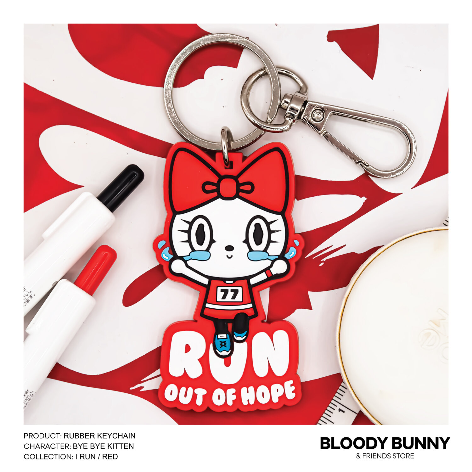BYE BYE KITTEN RUBBER KEYCHAIN (BK-I RUN-RED) - BLOODY BUNNY STORE