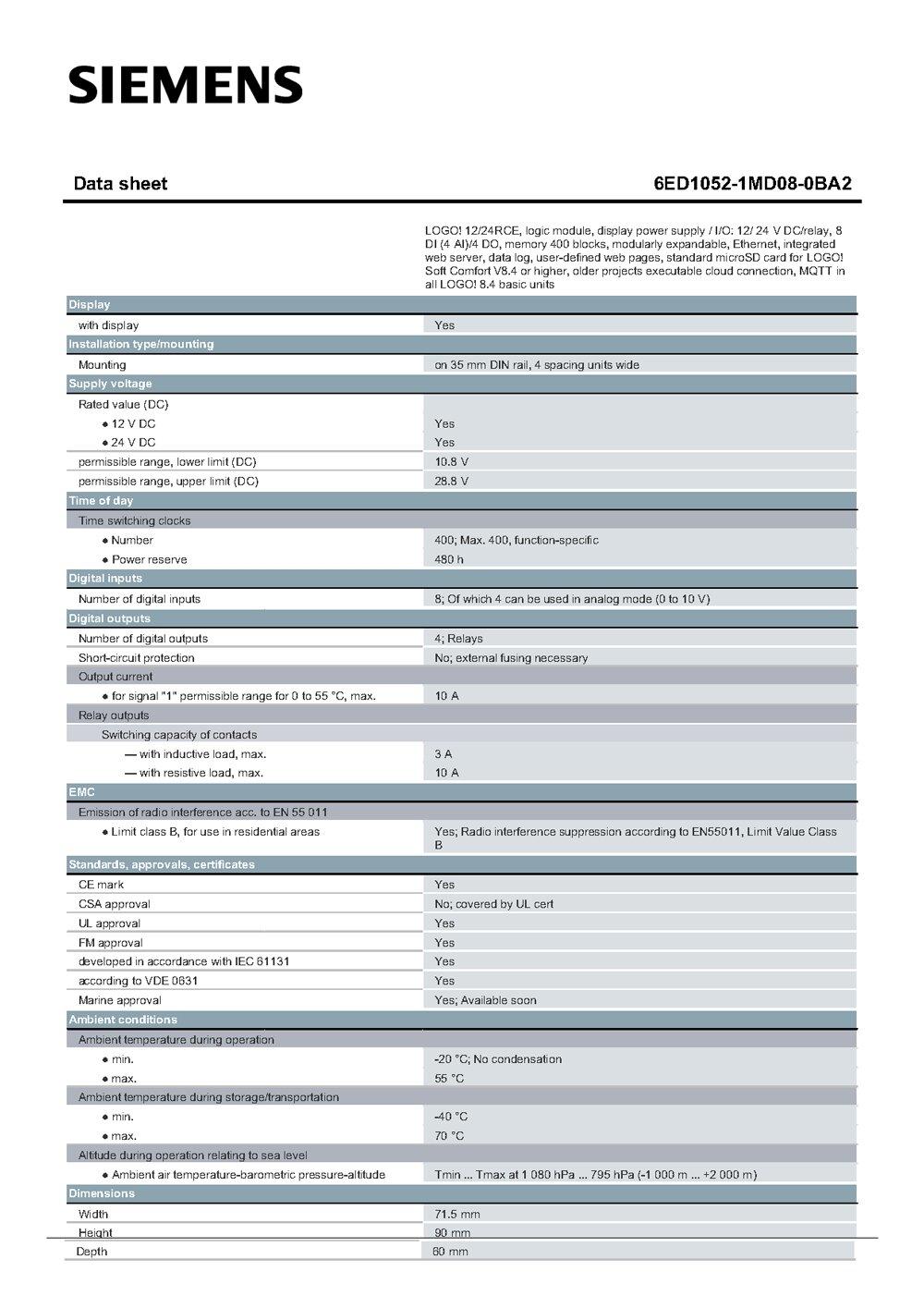 Siemens : LOGO!8 12/24RCE 8DI (or 4AI) 4RO Logic Module V8.4 Modbus/TCP, MQTT (6ED1052-1MD08 ...