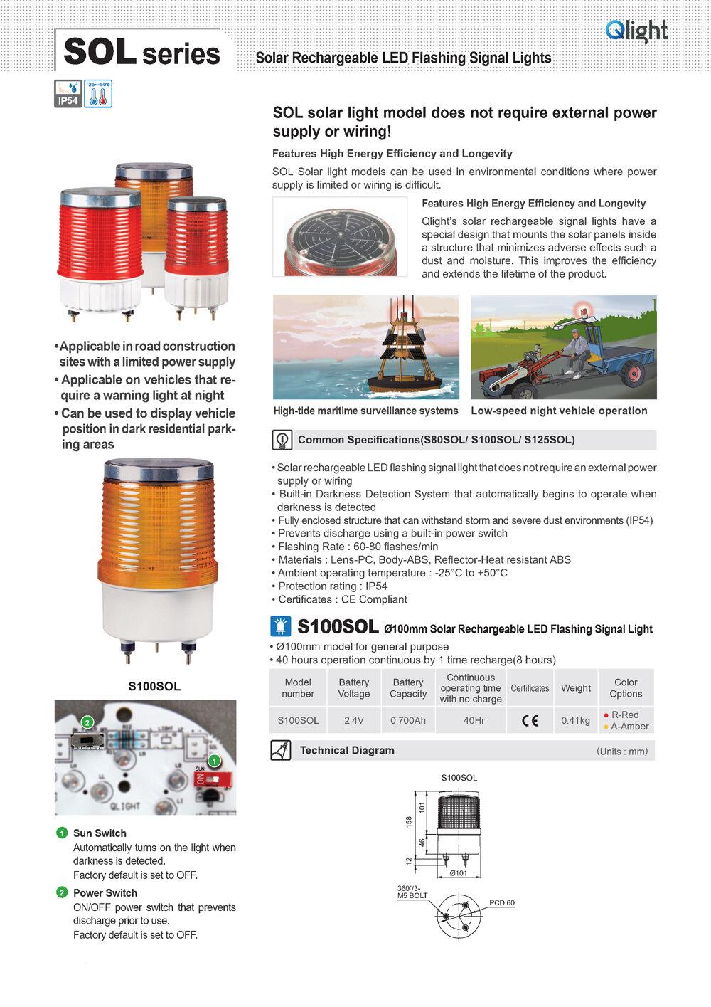 [S100SOL] Ø100mm Solar Rechargeable LED Flashing Signal Light - IBCON