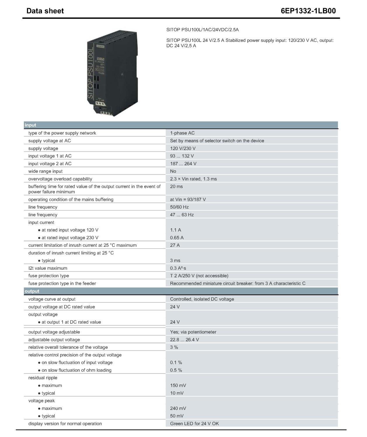 SITOP PSU100L 24 V/2.5 A Stabilized power supply (6EP1332-1LB00) - IBCON