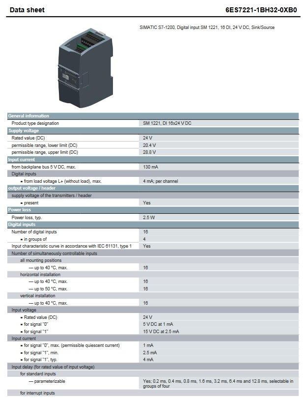 SIMATIC S7-1200, Digital input SM 1221, 16 DI 24 VDC (6ES7221-1BH32 ...