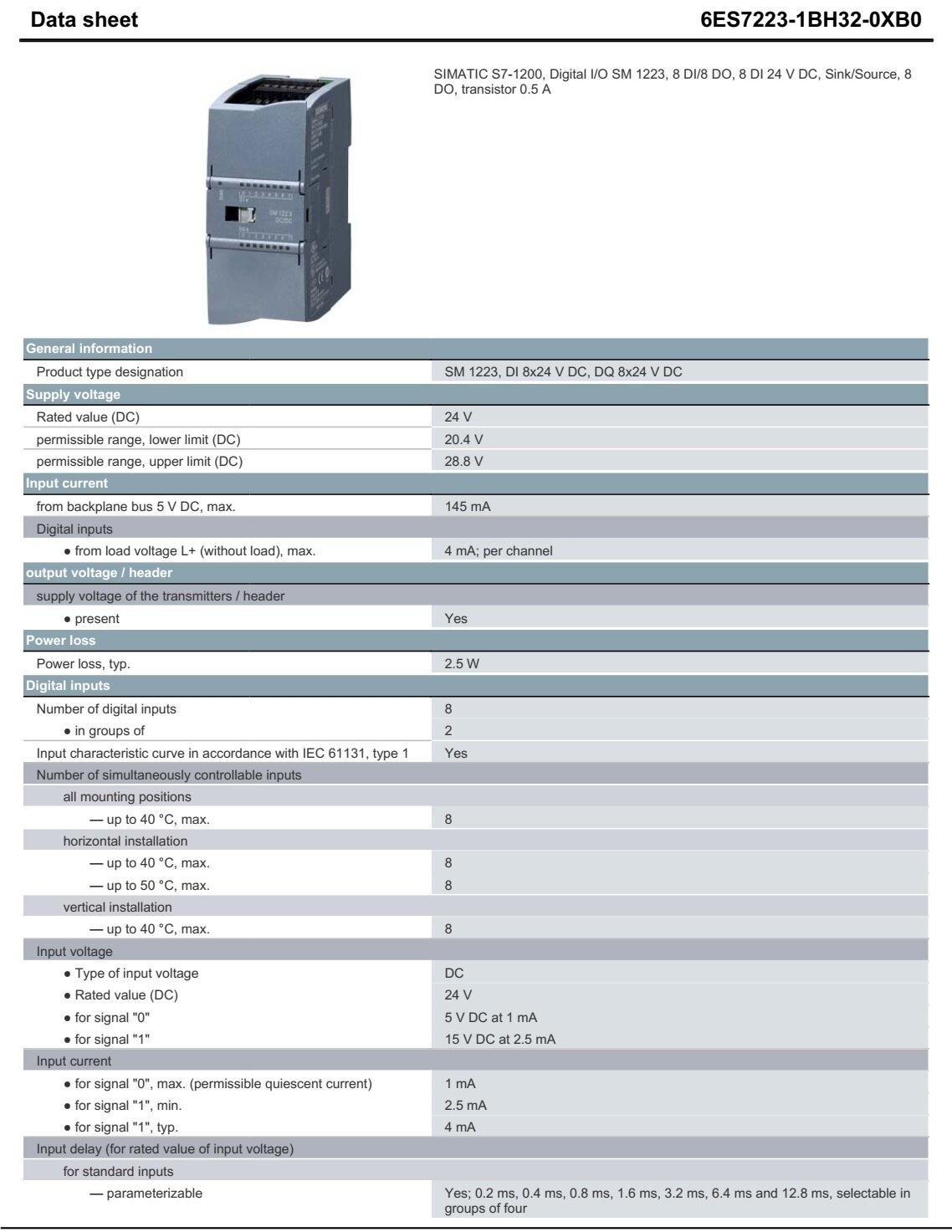 SIMATIC S7-1200, Digital I/O SM 1223, 8 DI/8 DO (6ES7223-1BH32-0XB0) - IBCON