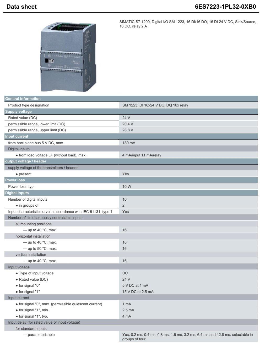 SIMATIC S7-1200, Digital I/O SM 1223, 16 DI/16 DO, 16 DI 24 V DC ...