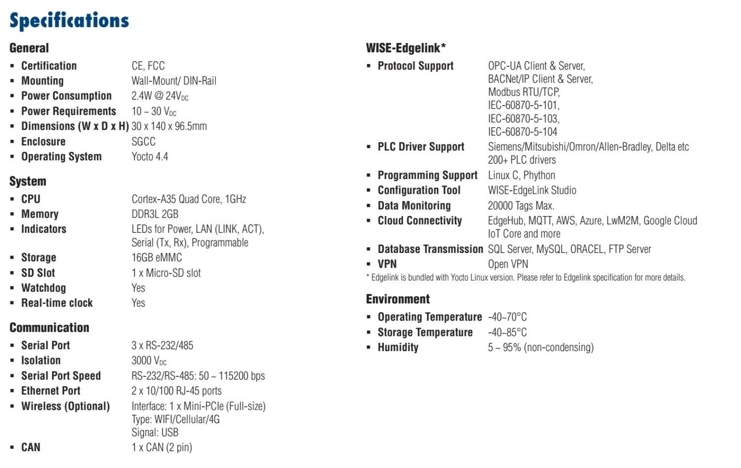 ADVANTECH ECU-1260 : Cortex A35, 2 LAN, 3 COM & 1 CAN, w/ EdgeLink - IBCON