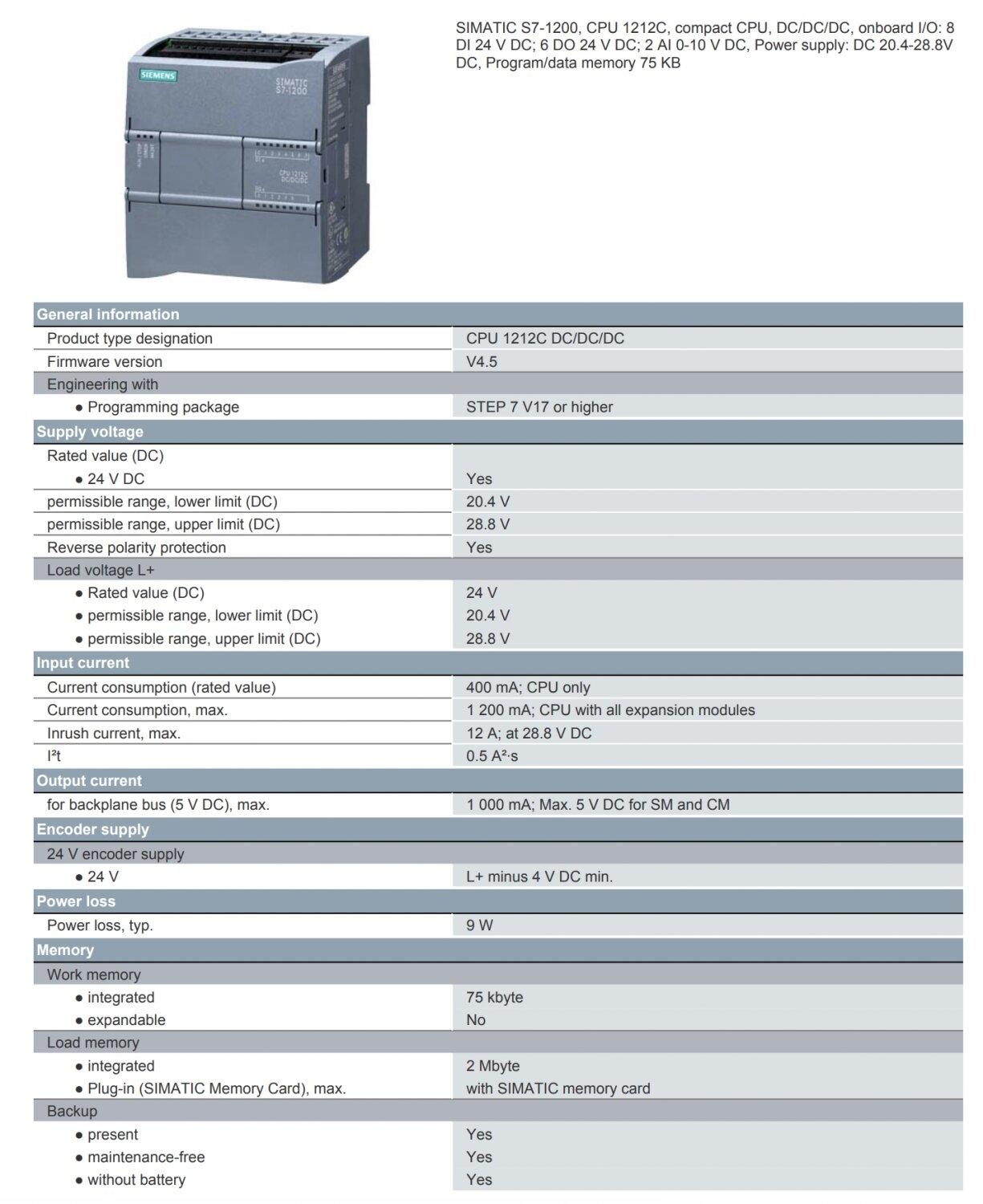 SIMATIC S7-1200 CPU 1212C DC/DC/DC (6ES7212-1AE40-0XB0) - IBCON