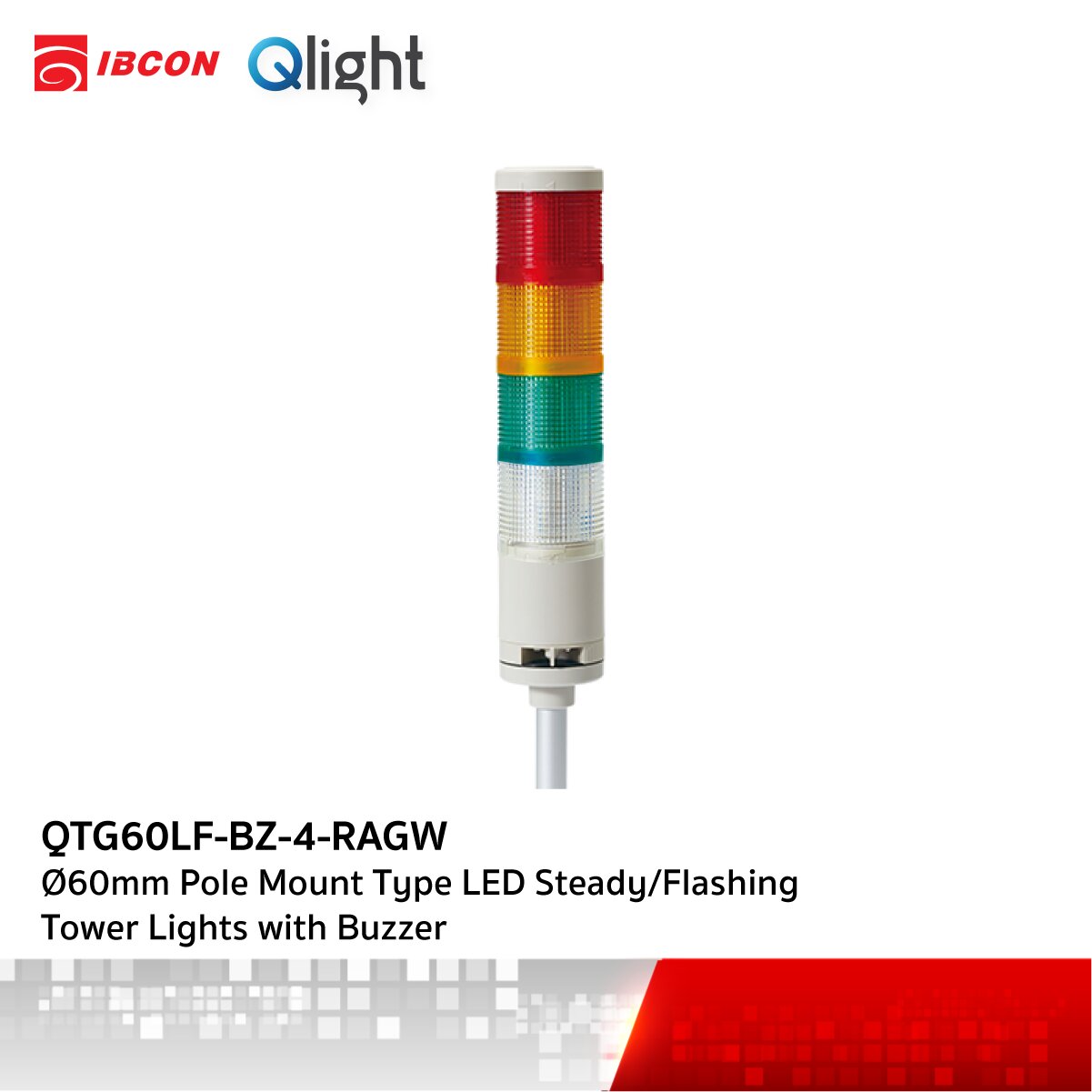 [QTG60LF-BZ] Ø60mm Pole Mount Type LED Steady/Flashing Tower Lights with Buzzer - IBCON
