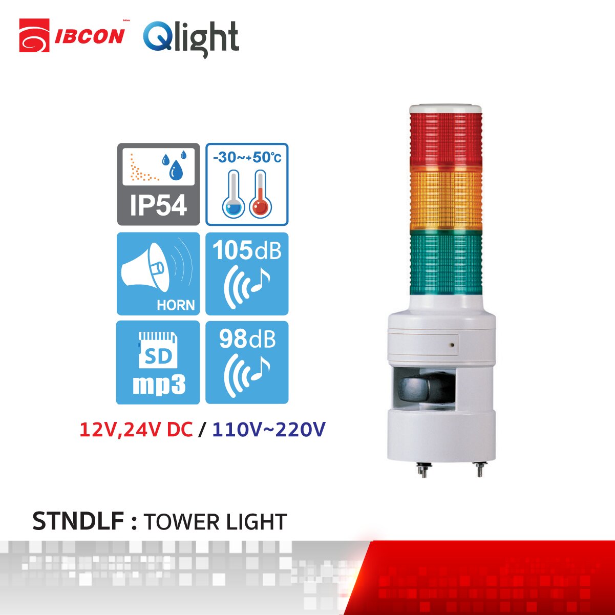 [ STNDLF ] Ø80mm LED Steady/Flashing Tower Light & Electric Horn - IBCON