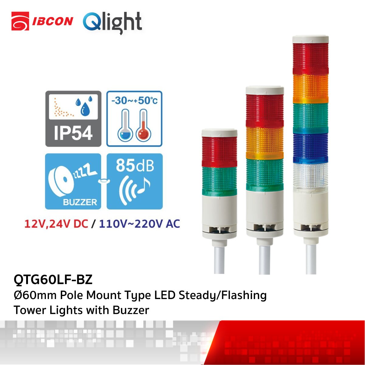 [ QTG60LF-BZ ] Ø60mm Pole Mount Type LED Steady/Flashing Tower Lights with Buzzer - IBCON