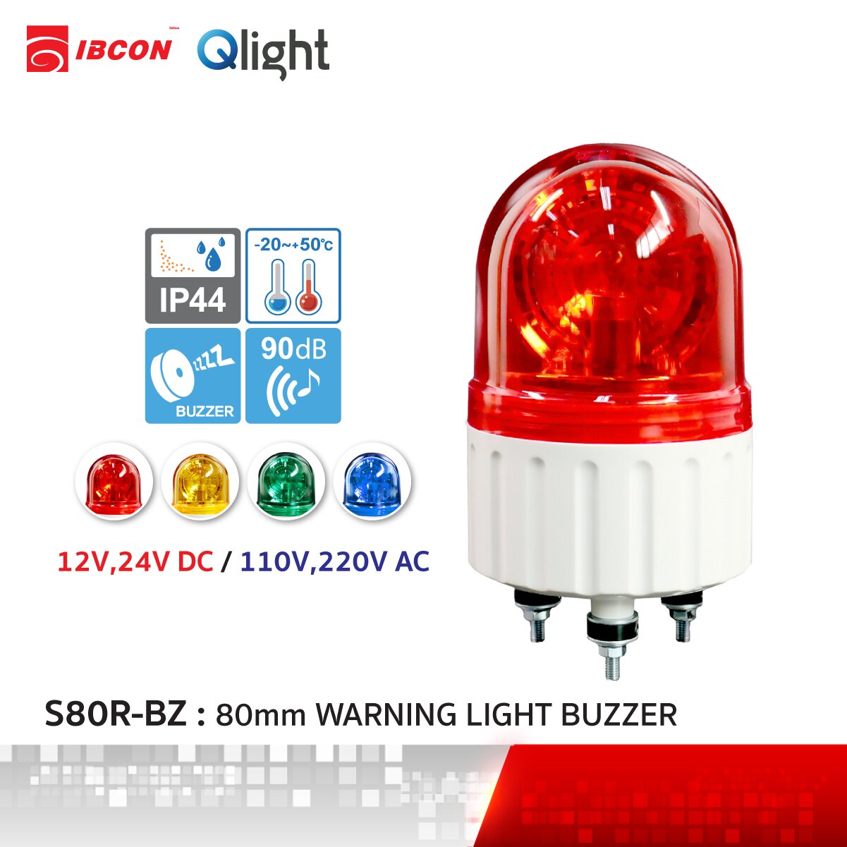 [ S80R-BZ ] Ø80mm Bulb Revolving Warning Light with Buzzer - IBCON