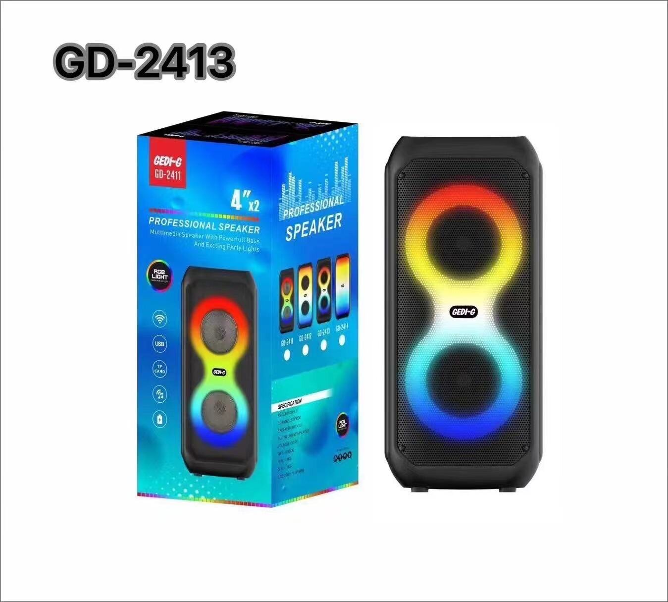 ลำโพงบลูทูธ 4 นิ้ว 2 ดอก เสียงดี พกพา มีไฟLEDวิ่ง GD-2413 - myhappyphones