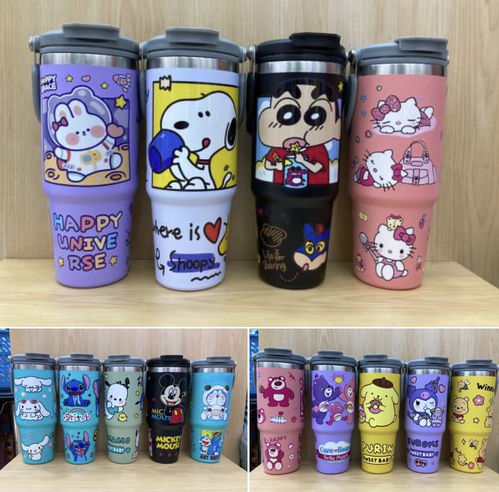 แก้วหูหิ้วพับลายการ์ตูนลายเยอะ แก้วเก็บความเย็น แก้วเก็บอุณหภูมิ 900 ml. สแตนเลส 304 MJI-09 ...