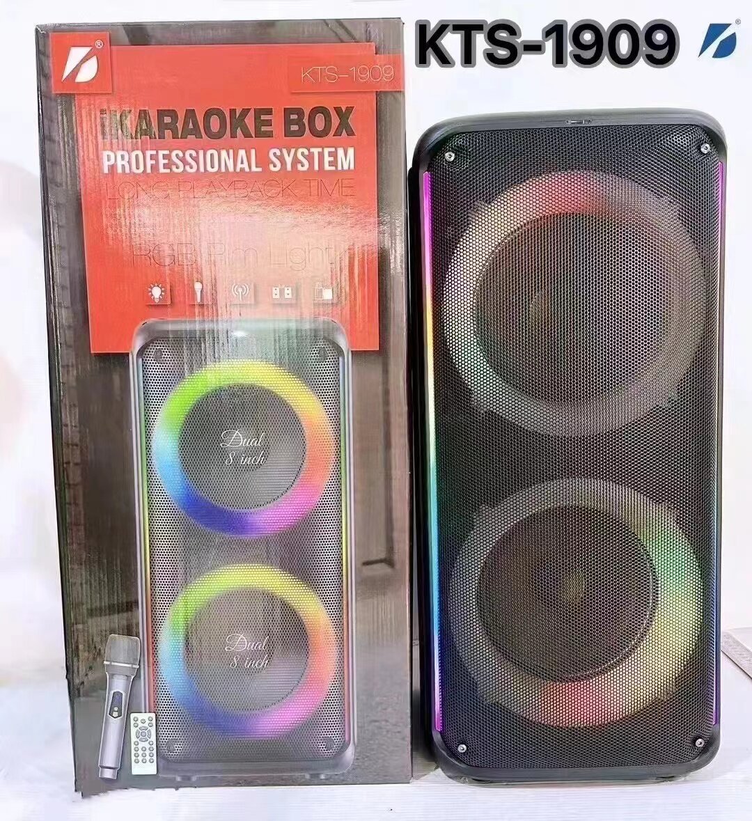ลำโพงบลูทูธ 8 นิ้ว KTS-1909 2ดอกแนวตั้ง แถมไมค์ลอย1อัน และ รีโมท เสียงดี พกพา มีไฟ - myhappyphones