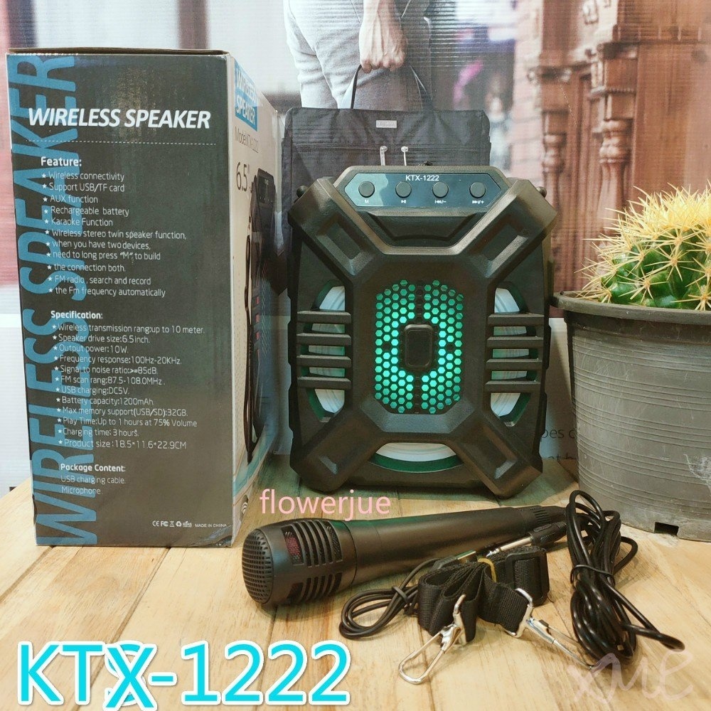 ลำโพงบลูทูธมีสายสะพาย แถมไมค์สาย KTX-1222 ดอก 6.5 นิ้ว เบสแน่นๆ มีไฟ Led - myhappyphones