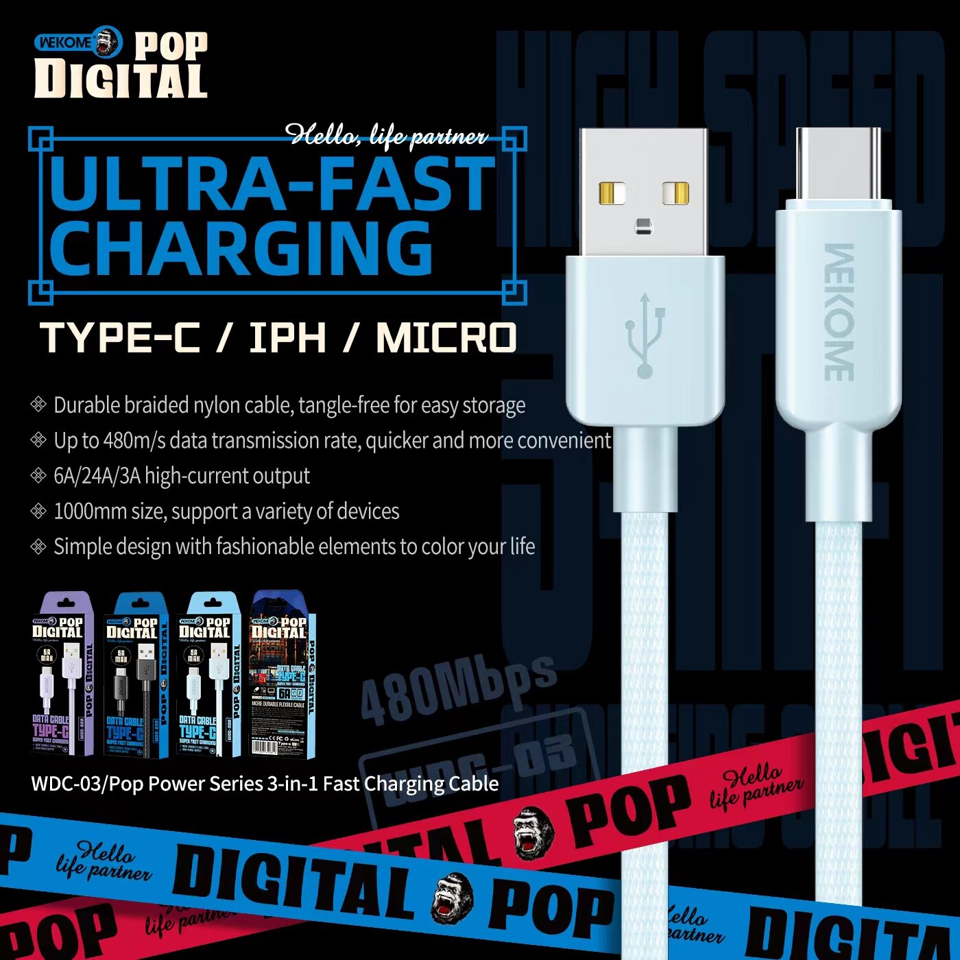 สายชาร์จเร็ว Wekome รุ่น WDC-03 USB High Speed 6A - myhappyphones