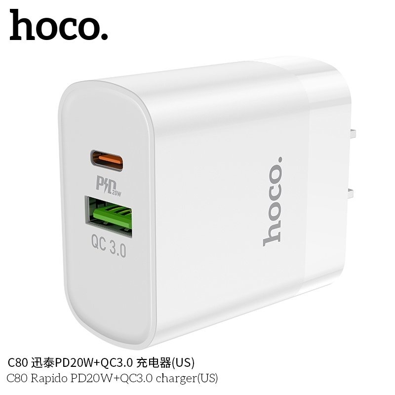 Hoco C80 Fast Charger หัวชาร์จเร็ว Type-C PD Quick Charge 20W หัวPD รองรับชาร์จเร็ว - myhappyphones