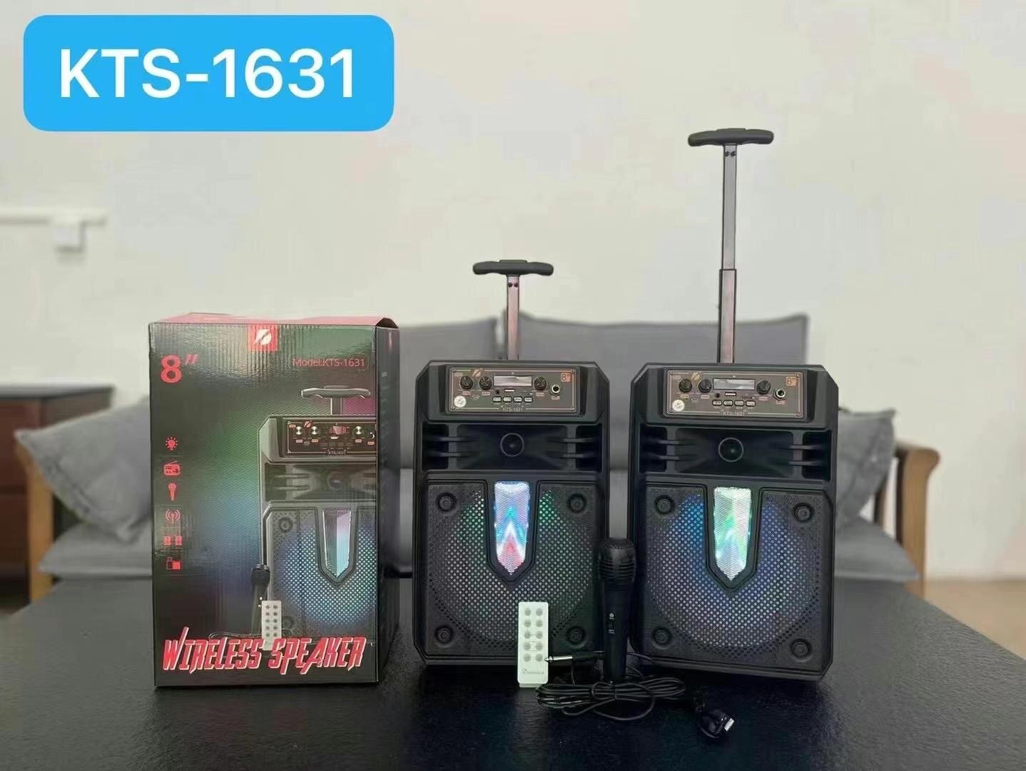 ลำโพงบลูทูธมีล้อลากได้ KTS-1631 ดอก 8 นิ้ว แถมไมค์ และรีโมท เสียงดี พกพา มีไฟ - myhappyphones
