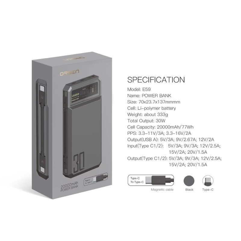 POWER BANK ORSEN 20000mAh E59 Magnetic cable IP/TC - myhappyphones
