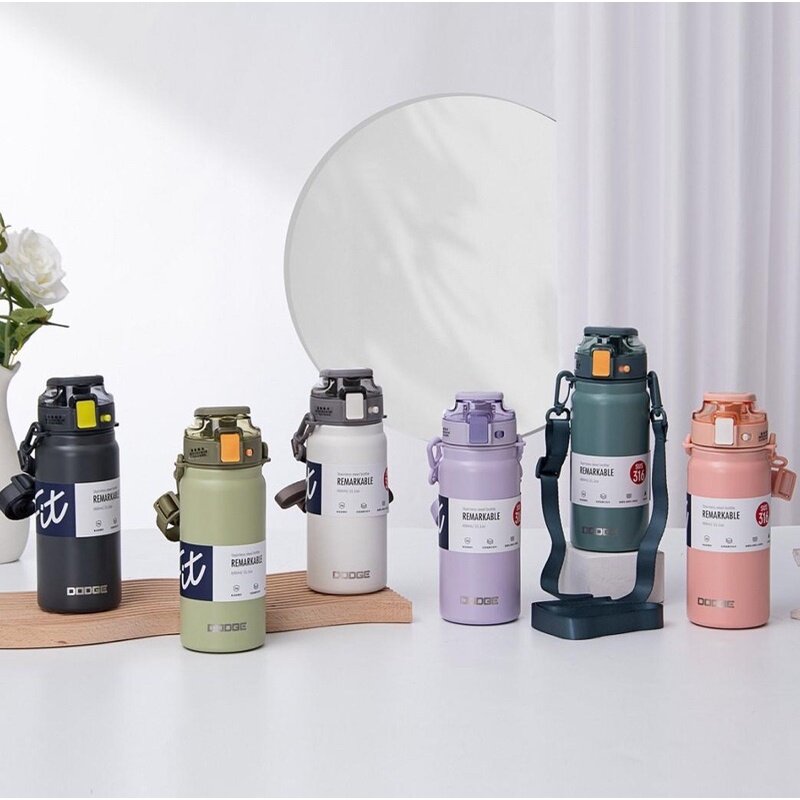กระติกน้ำ DODGE 600ml กระบอกน้ำ กระติกน้ำเก็บอุณหภูมิ มีหลอด+สายสะพาย Vacuum Bottle SUS316 ...