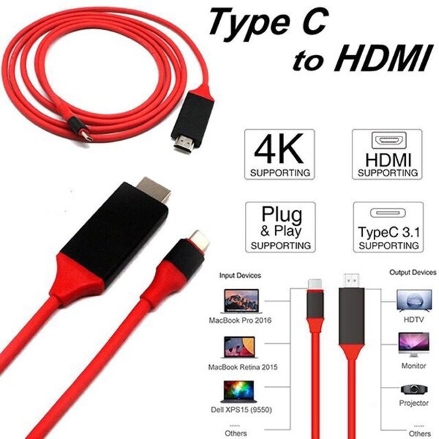 Type C to HDMI 4K*2K HDTV Adapter Cable สายยาว 2 เมตร สายต่อมือถือเข้า ...