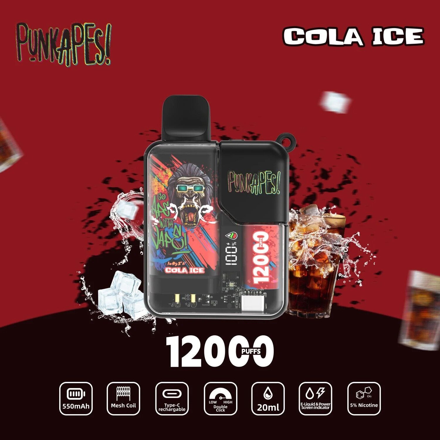 Punkapes 12000 Puffs Disposable Pod 550mAh 14ml Nic 3% USB Type-C ...