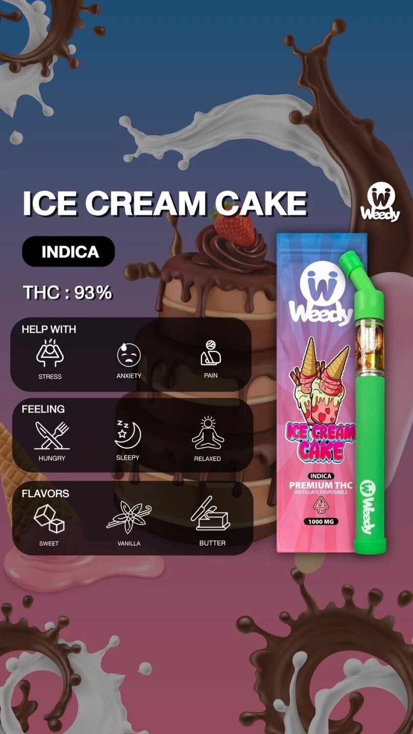 Weedy Ice Cream Cake (INDICA) Premium THC (USA) Distillate Disposable ...