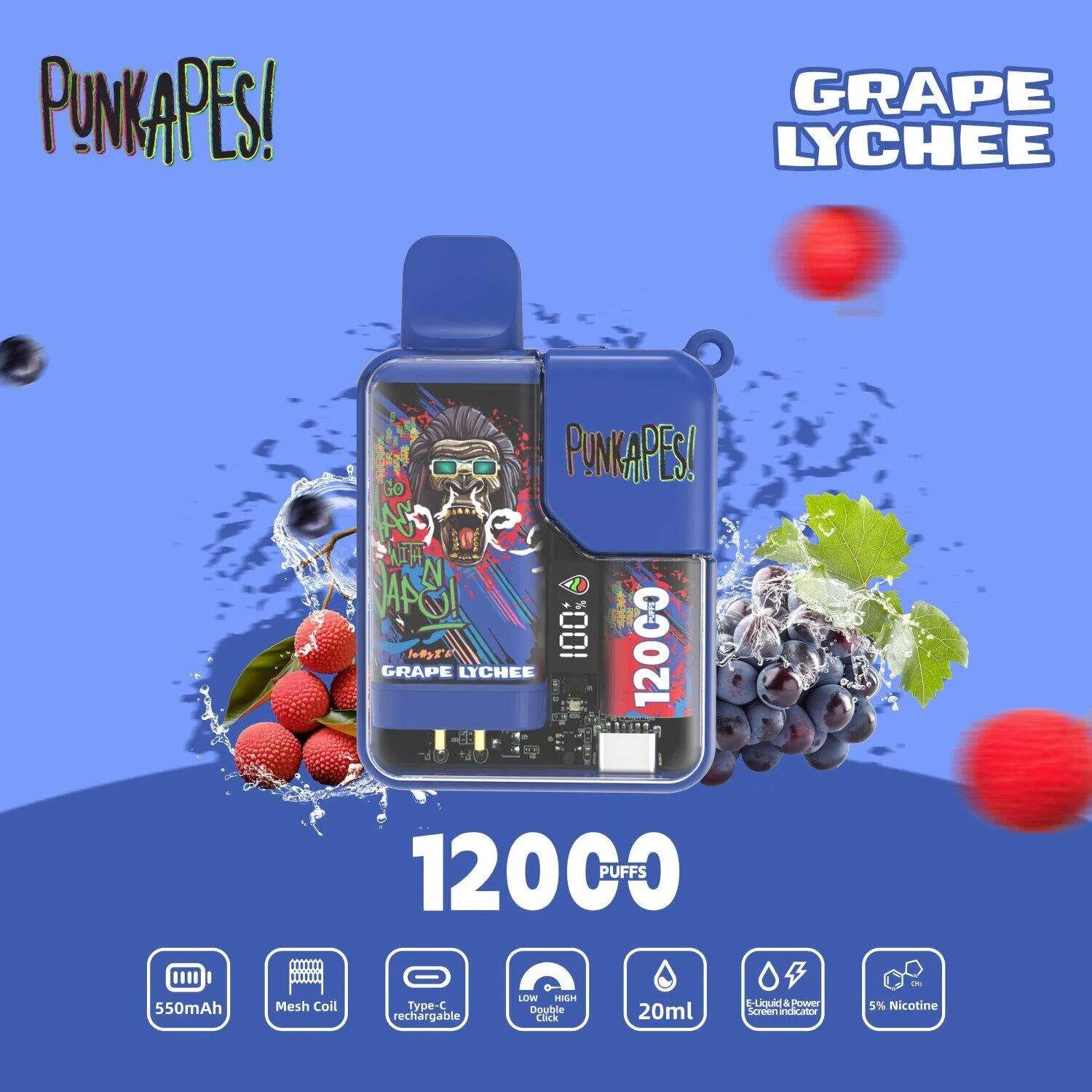 Punkapes 12000 Puffs Disposable Pod 550mAh 14ml Nic 3% USB Type-C ...