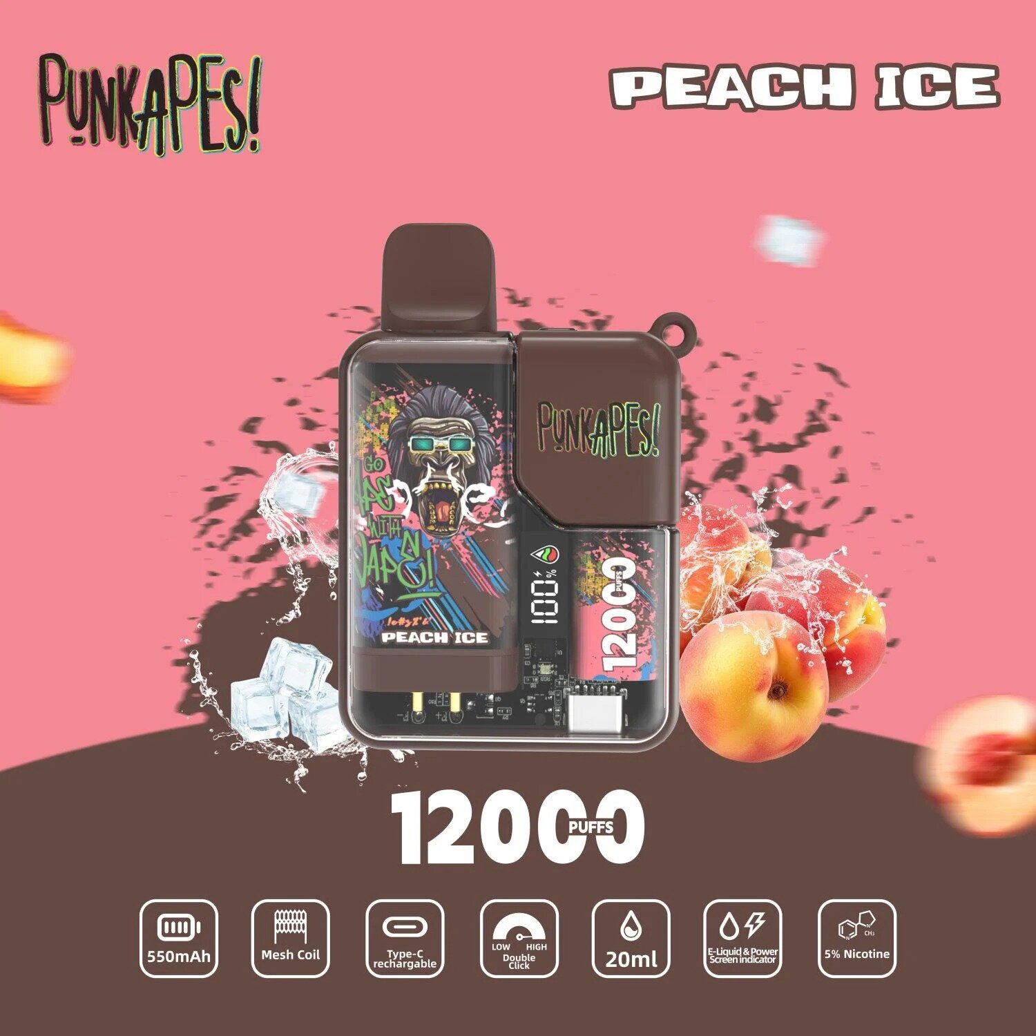 Punkapes 12000 Puffs Disposable Pod 550mAh 14ml Nic 3% USB Type-C ...