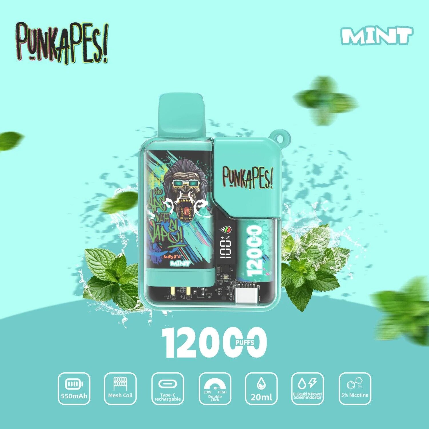 Punkapes 12000 Puffs Disposable Pod 550mAh 14ml Nic 3% USB Type-C ...