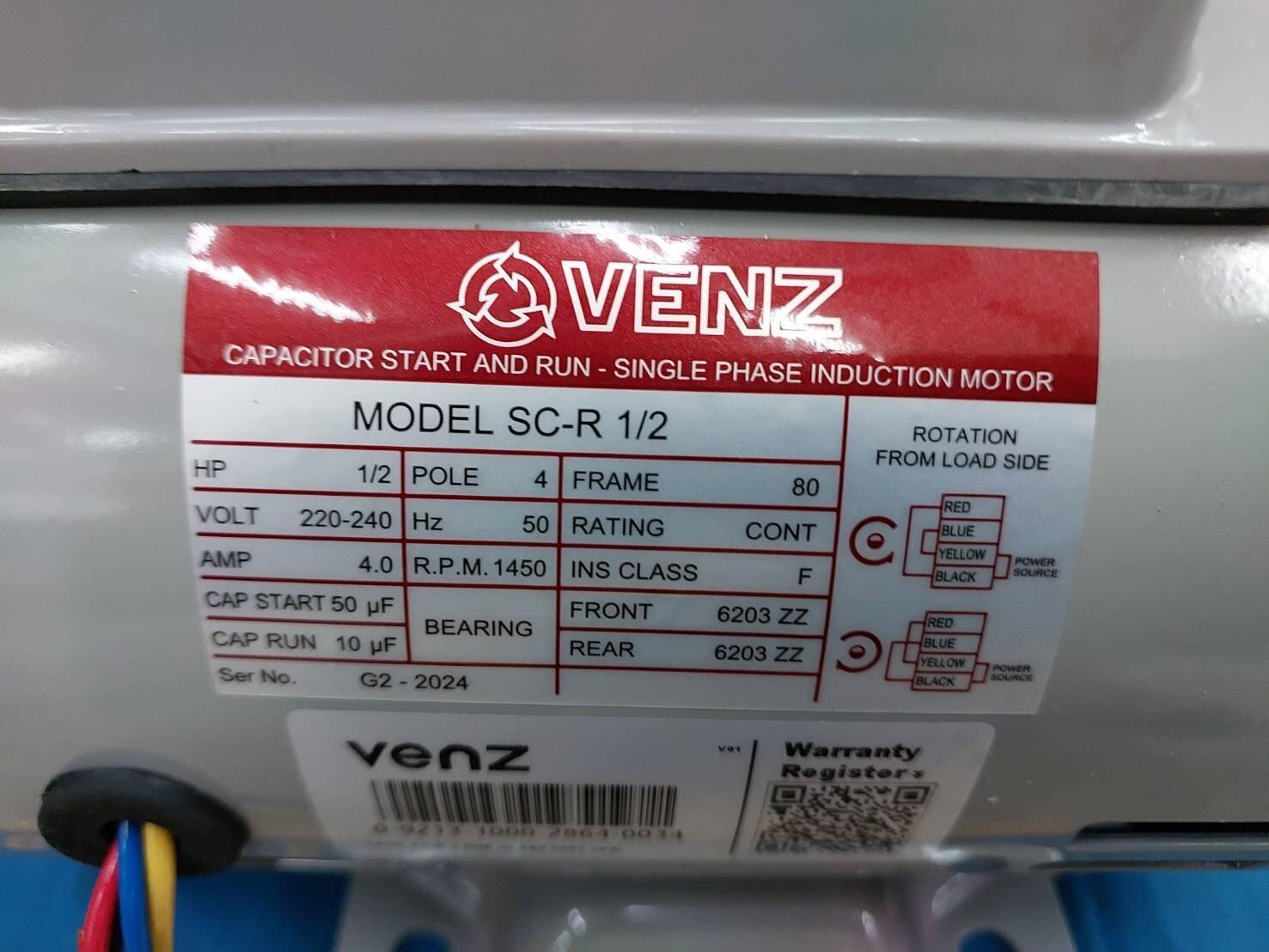 VENZ 1/2HP.SC-R.4P.220V : มอเตอร์ 1/2 HP (220V.| 4P | IP22 | แคปสตาร์ท + แคปรัน | รับประกัน 1 ปี ...