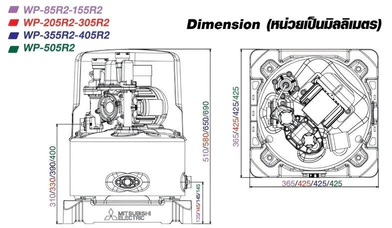 MITSUBISHI WP-155R2 ปั๊มน้ำอัตโนมัติ (ถังกลม) 1 x 1 นิ้ว 150 วัตต์ 220 ...