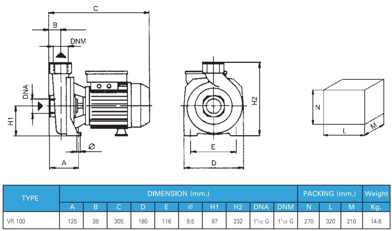 VENZ VR100 1.0 HP 220V ปั๊มหอยโข่ง (ใบเปิด) 1-1/2 x 1-1/2 นิ้ว 1.0 ...