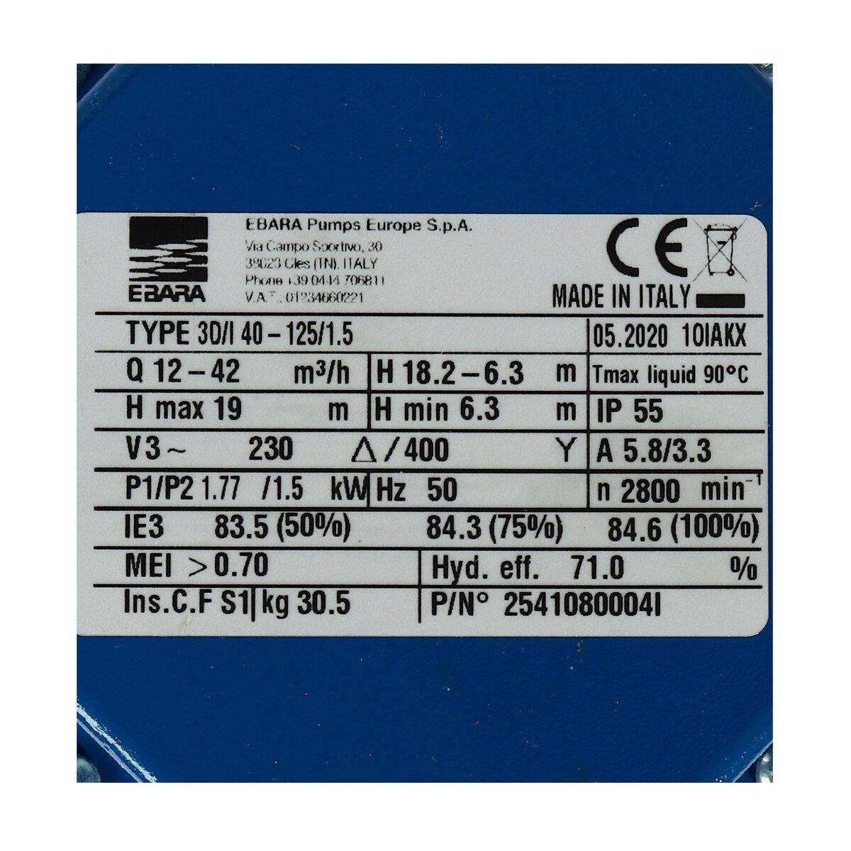 EBARA 3D 40-125/1.5 ปั้มหอยโข่ง (หน้าแปลน) 2.1/2 x 1.1/2 นิ้ว 2.0 ...