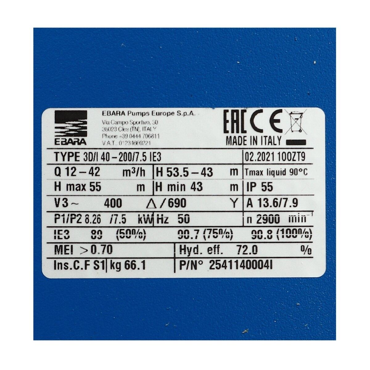 EBARA 3D 40-200/7.5 ปั้มหอยโข่ง (หน้าแปลน) 2.1/2 x 1.1/2 นิ้ว 10.0 แรงม้า 380 โวลต์ (ไม่รวมหน้า ...