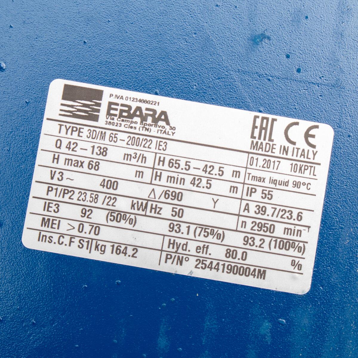 EBARA 3D 65-200/22.0 ปั๊มหอยโข่ง (หน้าแปลน) 3 x 2.1/2 นิ้ว 30.0 แรงม้า 380 โวลต์ (ไม่รวมหน้าแปลน ...