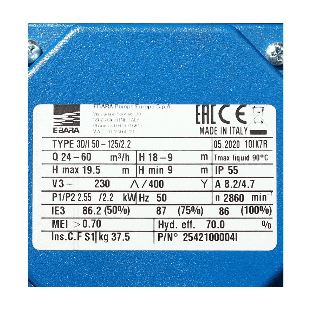 EBARA 3D 50-125/2.2 ปั้มหอยโข่ง (หน้าแปลน) 2.1/2 x 2 นิ้ว 3.0 แรงม้า 380 โวลต์ (ไม่รวมหน้าแปลน ...