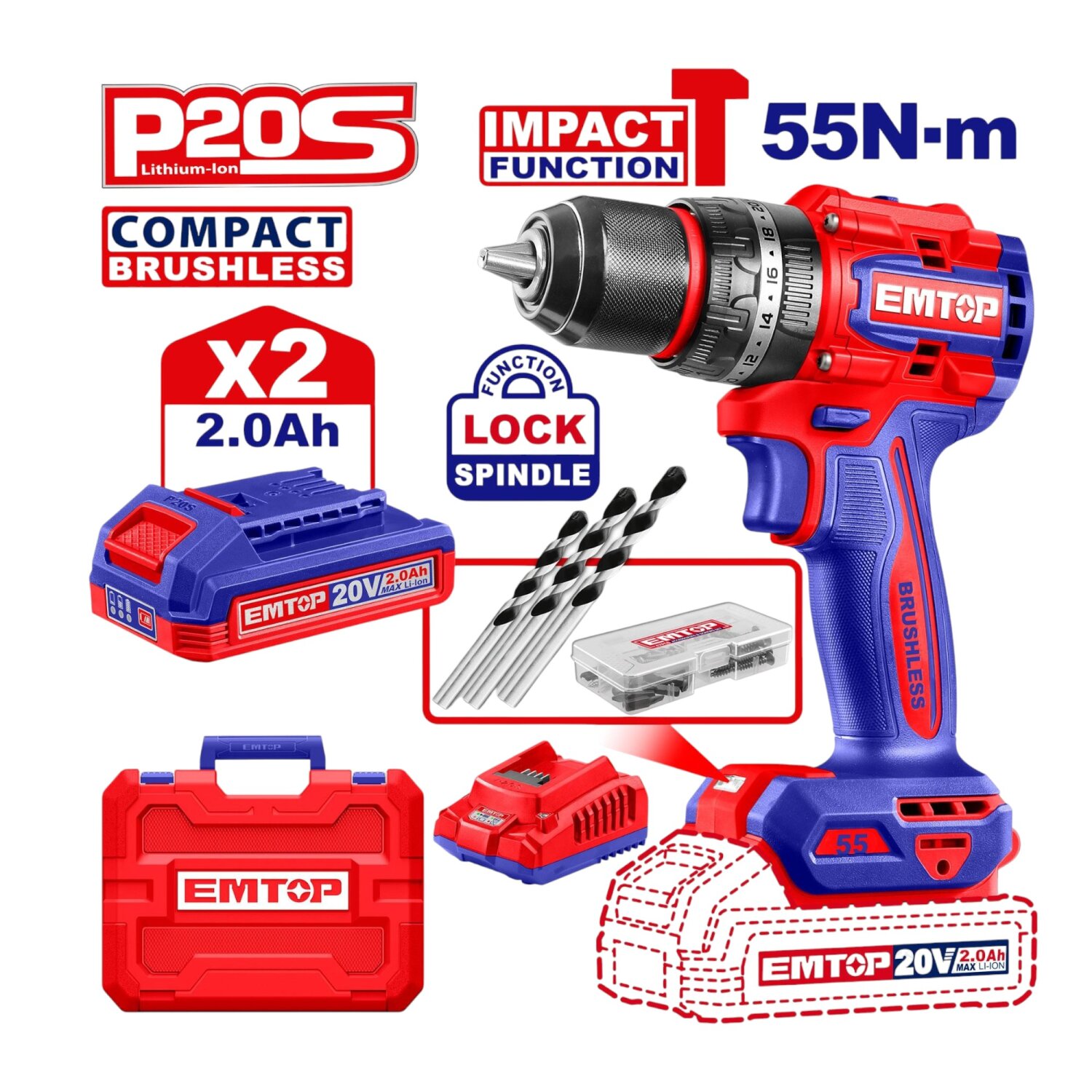 EMTOP ECIDL20558 สว่านกระแทกไร้สาย 20V แรงบิด 55 Nm.(แบต 2.0Ah x 2 + 1 แท่นชาร์จ | แถมชุดดอก ...
