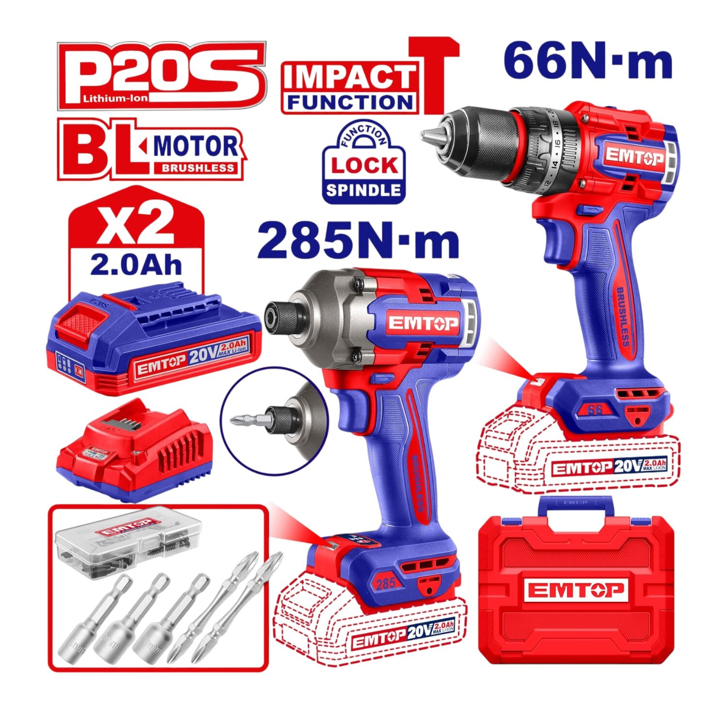 (COMBO SET) EMTOP ECKL20277 สว่านกระแทกไร้สาย 20V แรงบิด 66 N.m.+ ไขควงอิมแพค 20V. 285 N.m (แบต ...