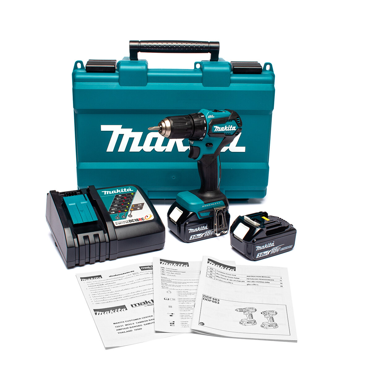 Makita DDF484RFE สว่านไร้สาย 18V. (แบต 3.0Ah x 2 + 1 แท่นชาร์จ) - HereTools